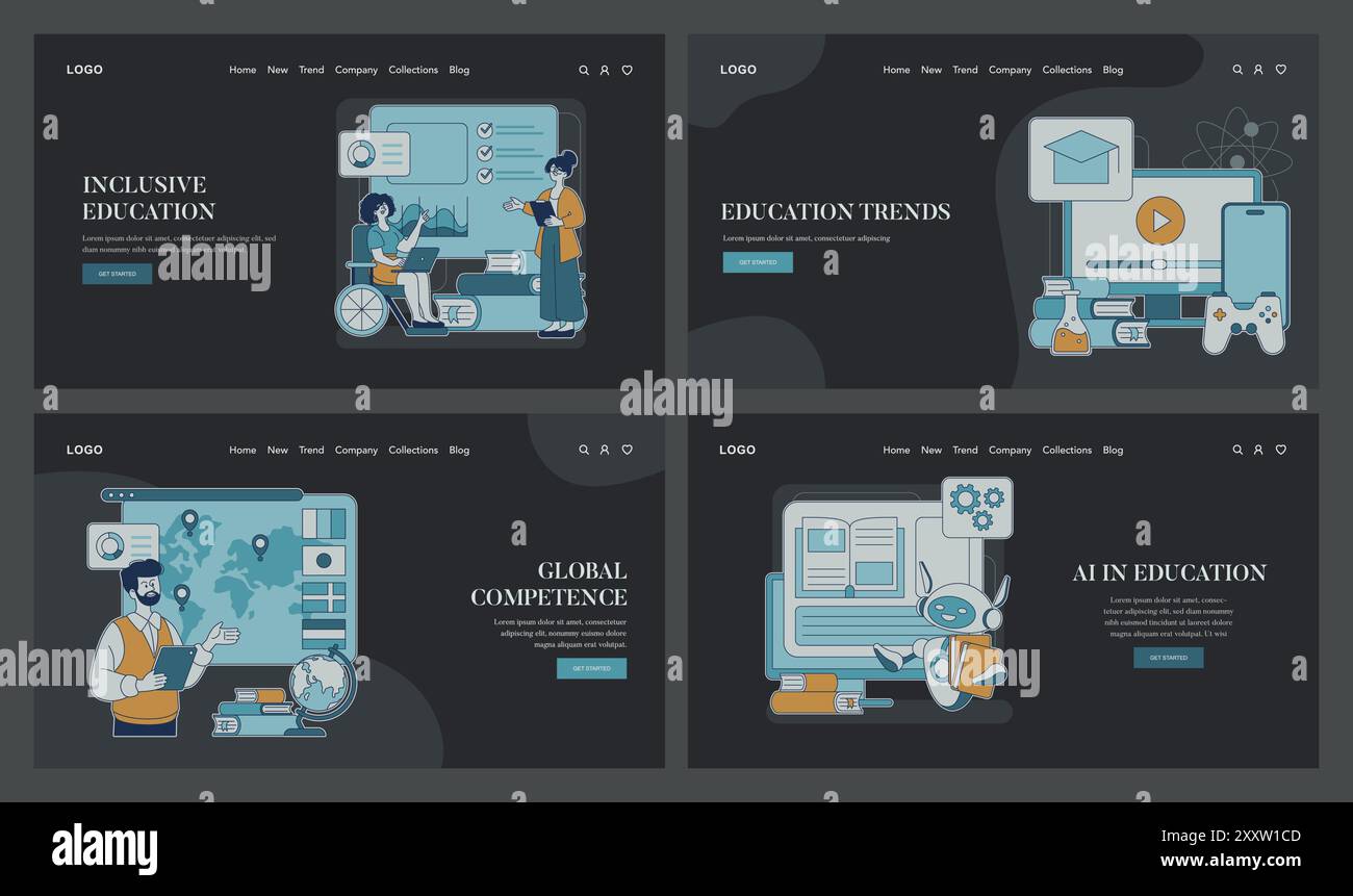 Education Trends set. Inclusive learning platforms, modern e-learning tools, global competence ...