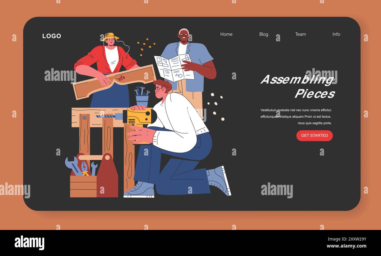 Woodworking workshop concept. A diverse team collaborates on a DIY ...