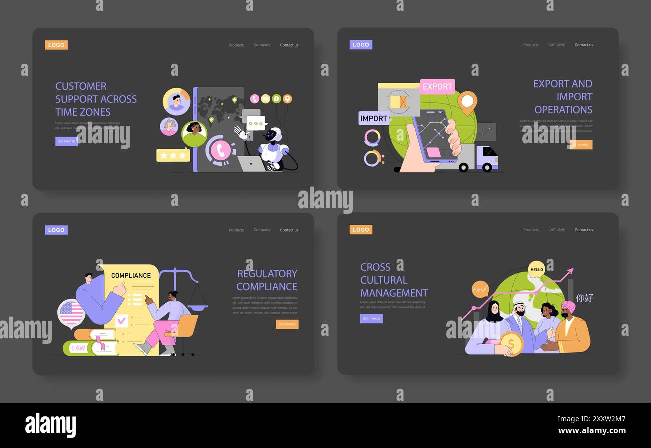 Global Market Expansion set. Illustrations depicting international ...