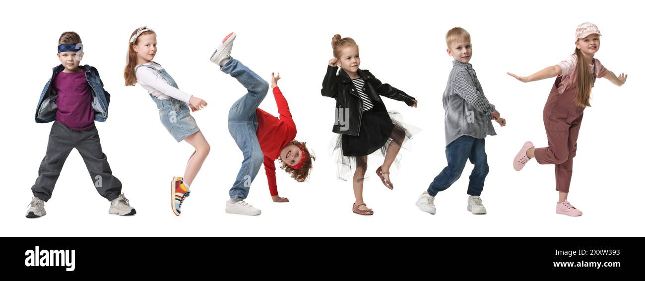 Children dancing on white background, collection of portraits Stock ...