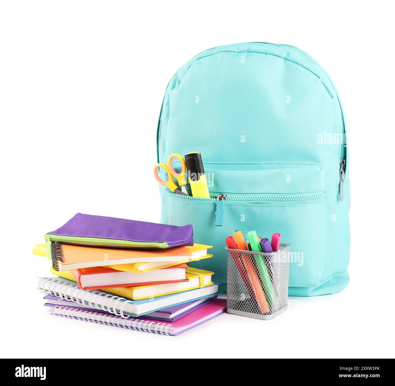 Backpack with different school stationery isolated on white Stock Photo ...