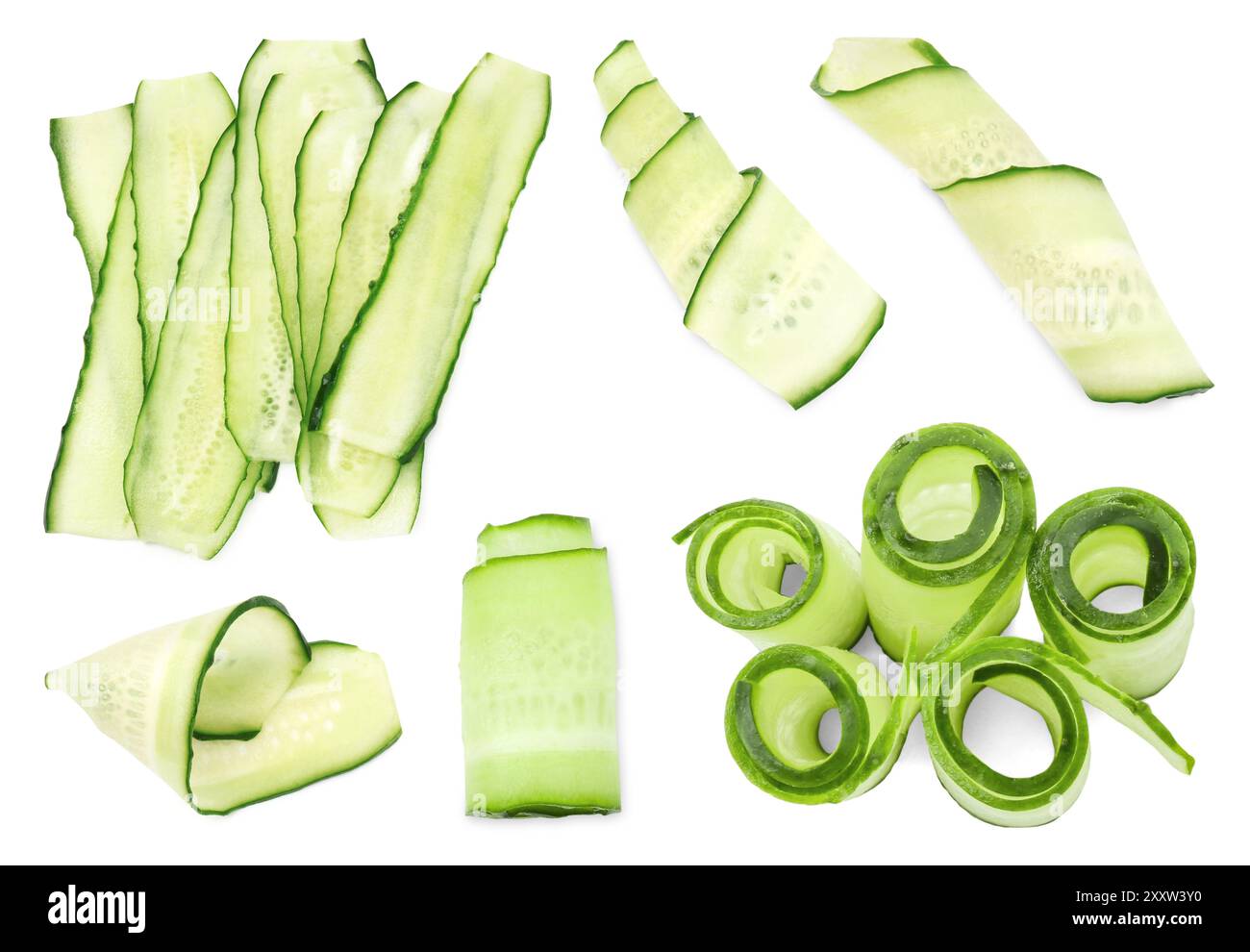 Thinly sliced cucumbers isolated on white, collage Stock Photo - Alamy