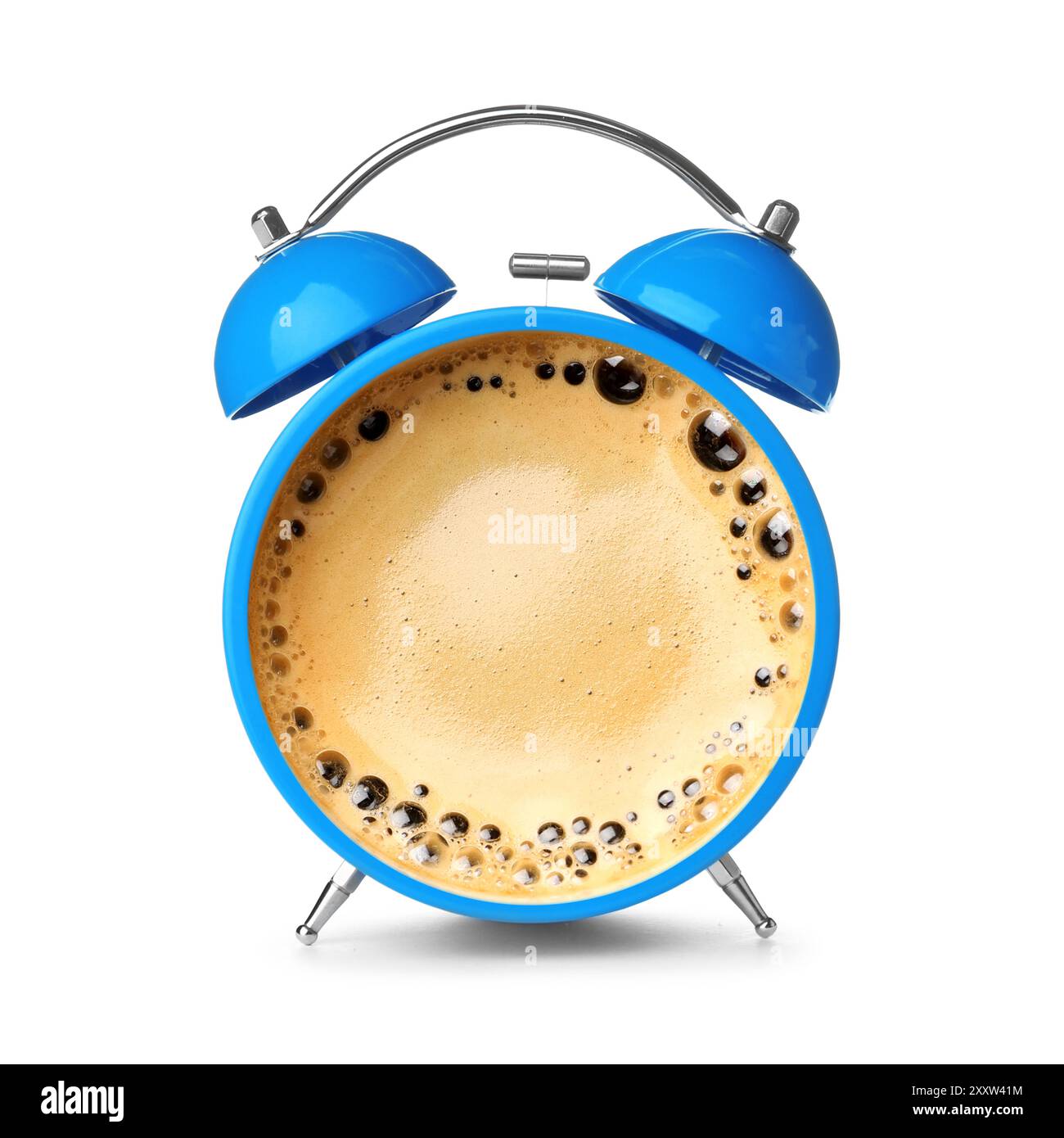 Light blue alarm clock with coffee instead of dial on white background ...