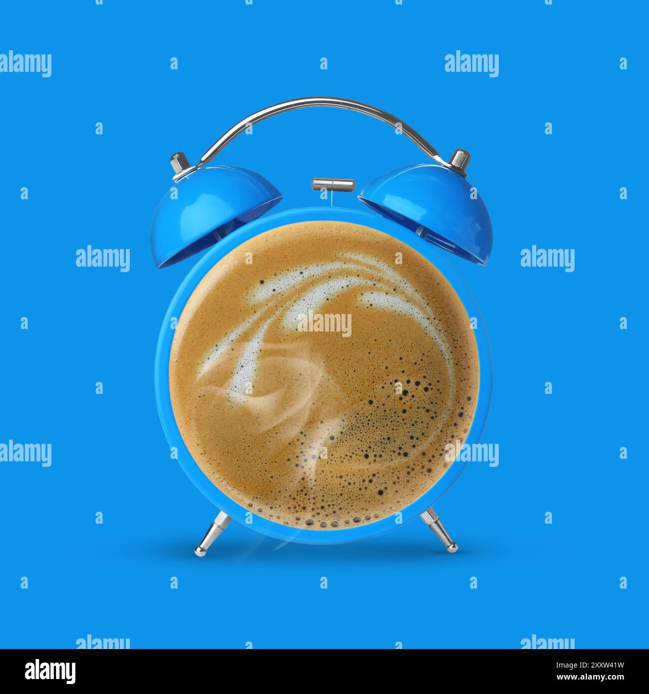 Bright alarm clock with coffee instead of dial on light blue background ...