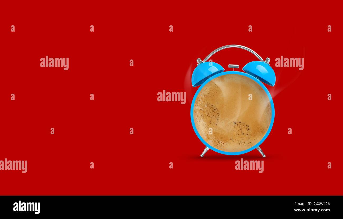 Light blue alarm clock with coffee instead of dial on red background ...