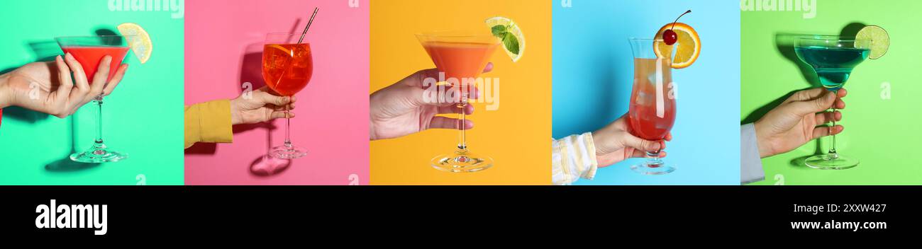 Variety of cocktails in people's hands on different colors backgrounds ...