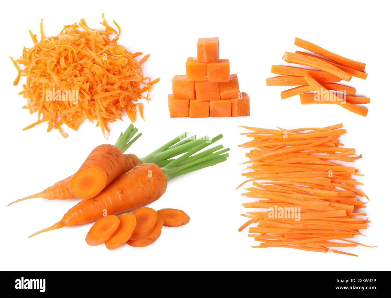 Fresh carrots isolated on white, collage. Different types of cuts Stock ...