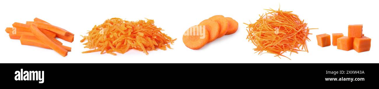 Fresh carrots isolated on white, collage. Different types of cuts Stock ...