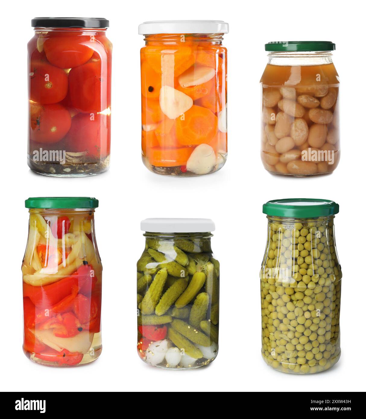 Glass jars with different pickled foods on white background, set Stock ...