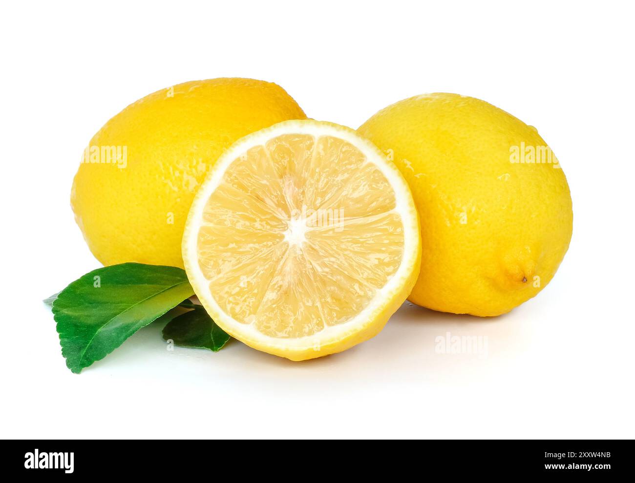 Lemon with leaves close up on white background Stock Photo - Alamy