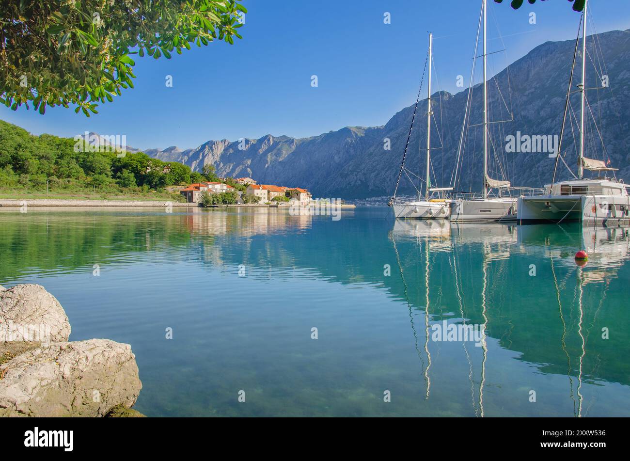 Prcanj harbour with view across Kotor Bay, Montenegro, Europe Stock ...