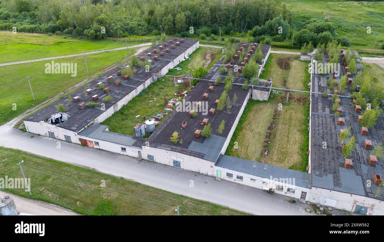 Drone photography of an old indoor abandoned chicken factory during ...