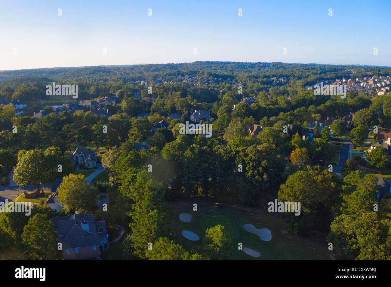 Aerial panoramic view of an upscale subdivision in suburbs of USA shot ...