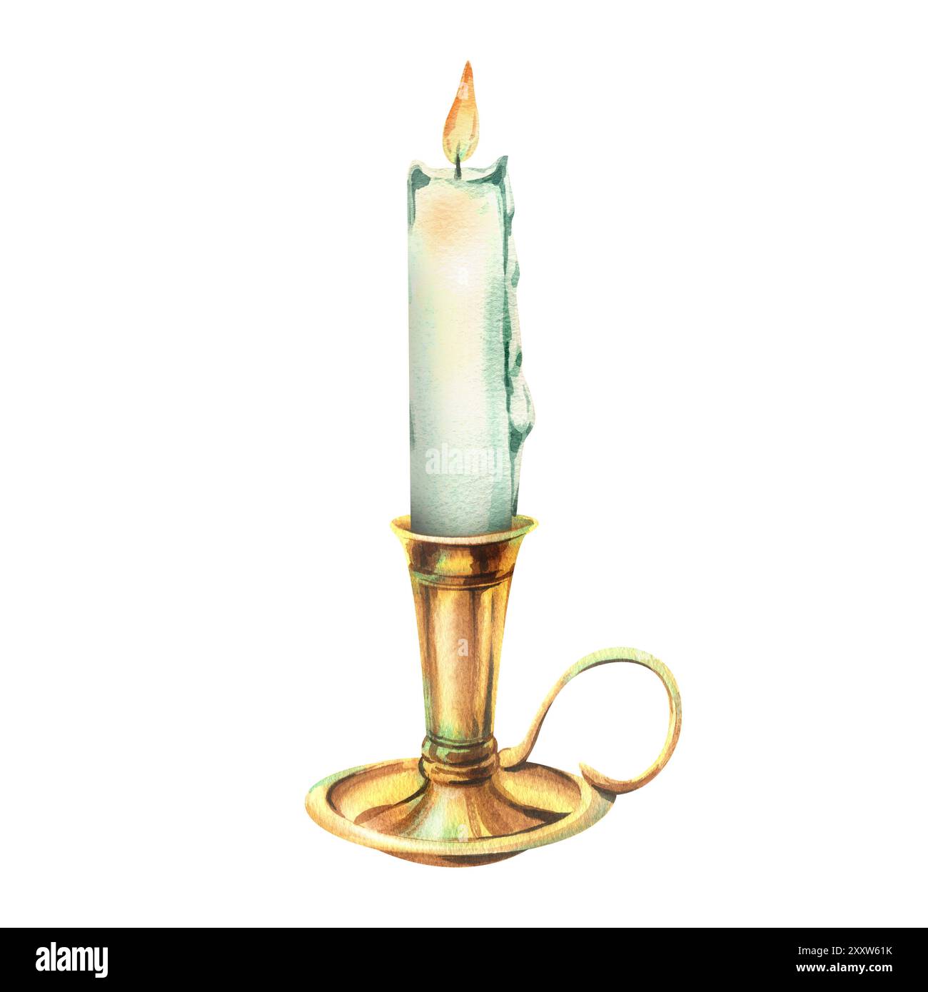 Candlestick with handle gold, copper, bronze with white burning candle ...
