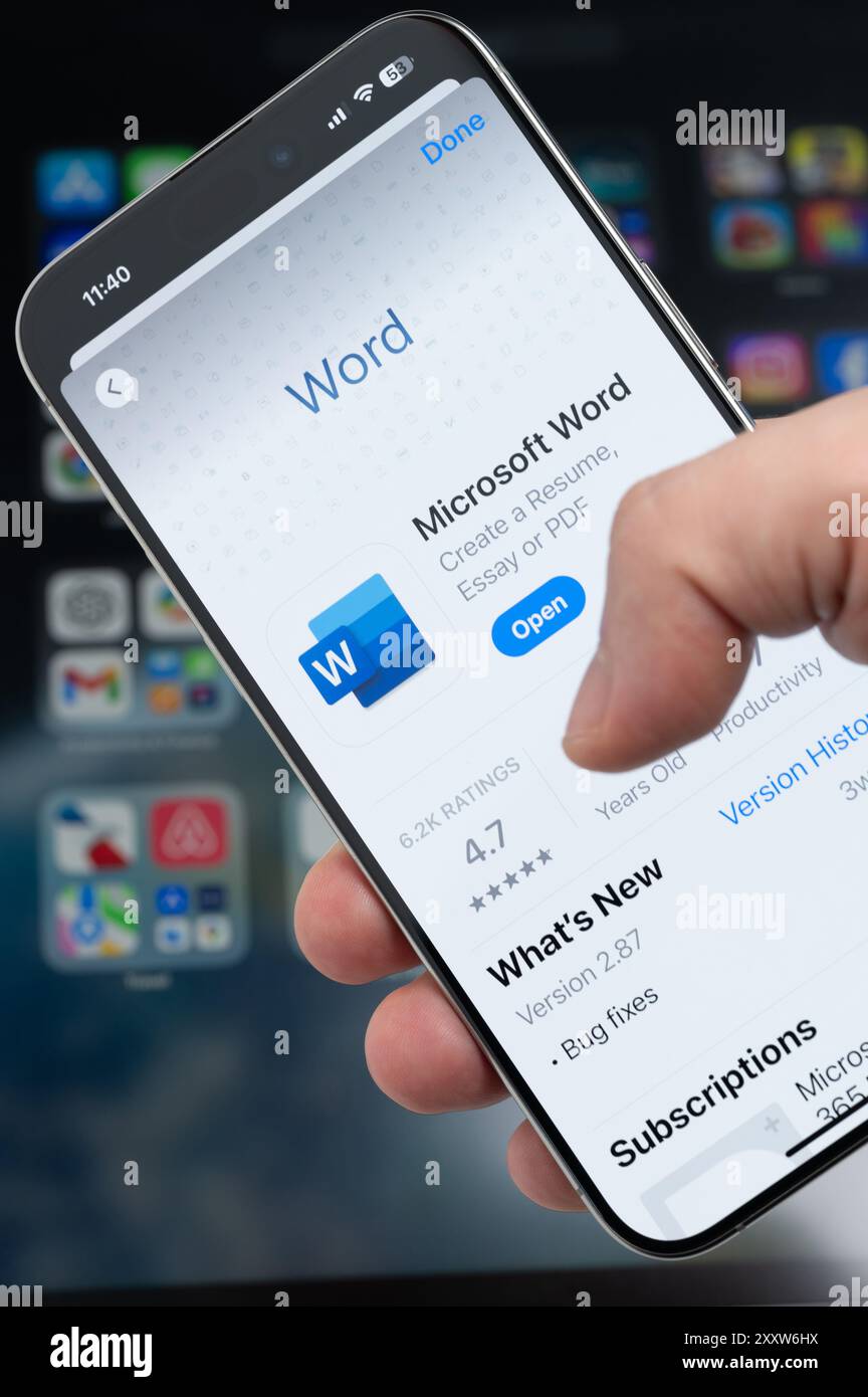 New York, USA - August 5, 2024: Smartphone in hand with Microsoft Word ...