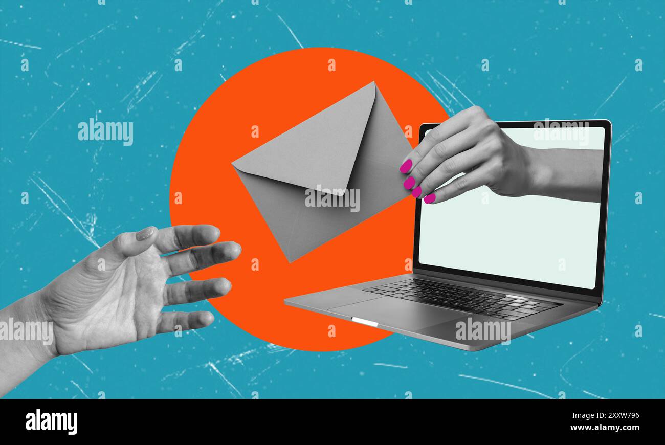 Modern art collage depicting a hand with a letter from a laptop, hand ...