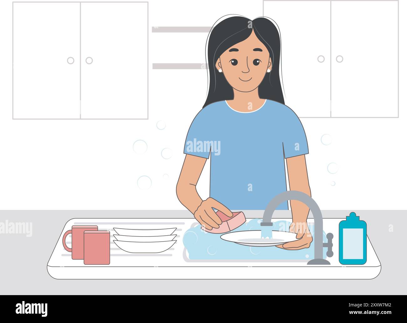 Young woman washing dishes in the home kitchen. Beautiful girl doing ...