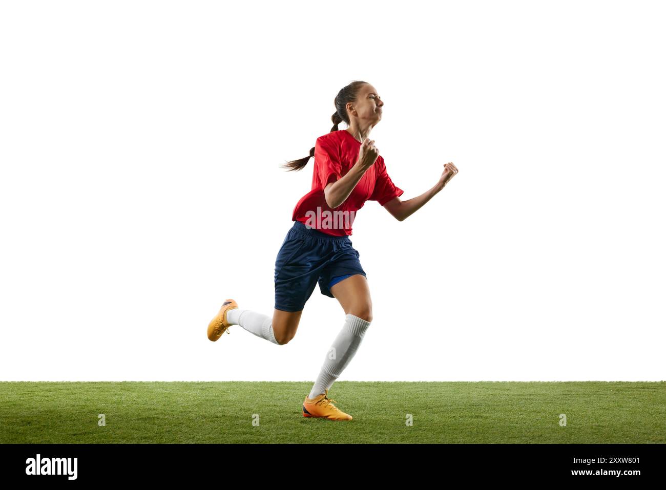 Celebratory moment as female soccer player runs with joy after scoring ...