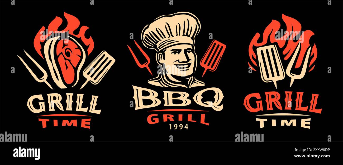 Barbecue and grill food logos, emblems and badges. Meat restaurant ...