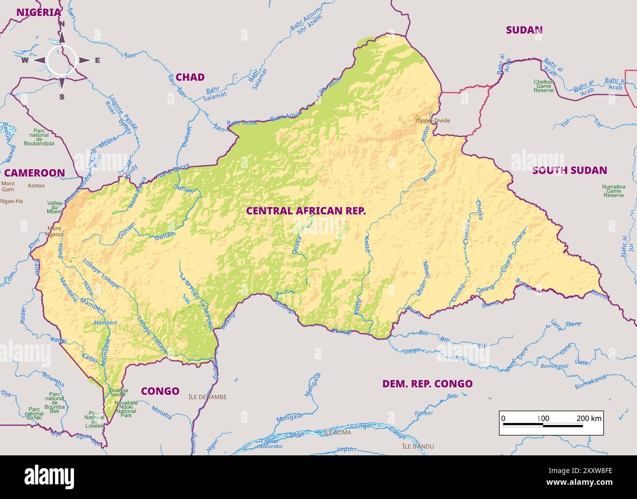 Physical map of Central African Republic Stock Vector Image & Art - Alamy
