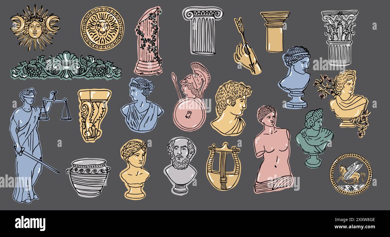 Colorful Trendy Doodle Illustration of Ancient Greek Sculptures and ...