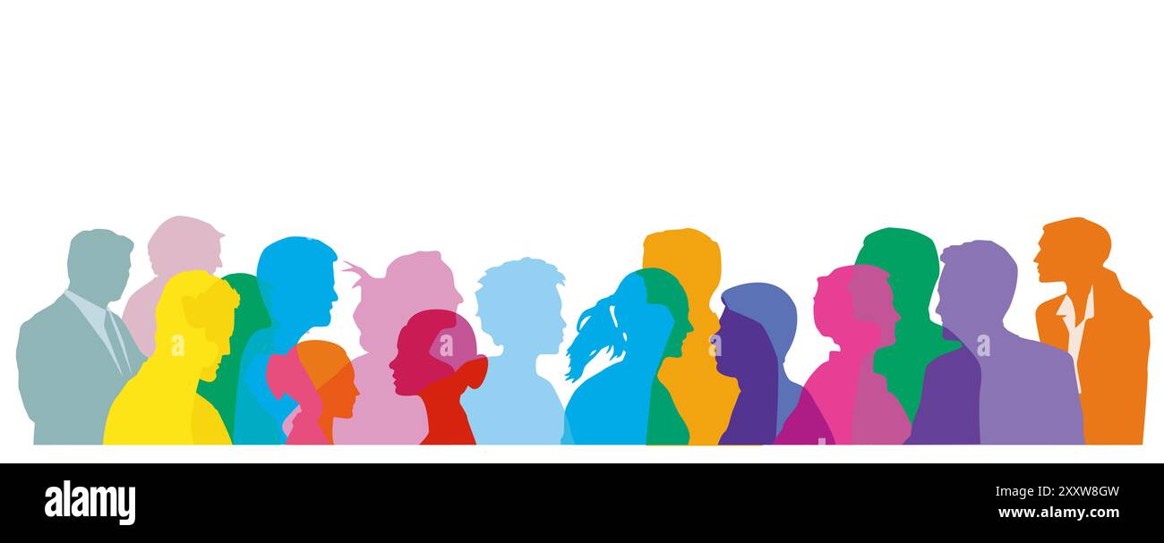 A group of colored people from the side, isolated on white background ...