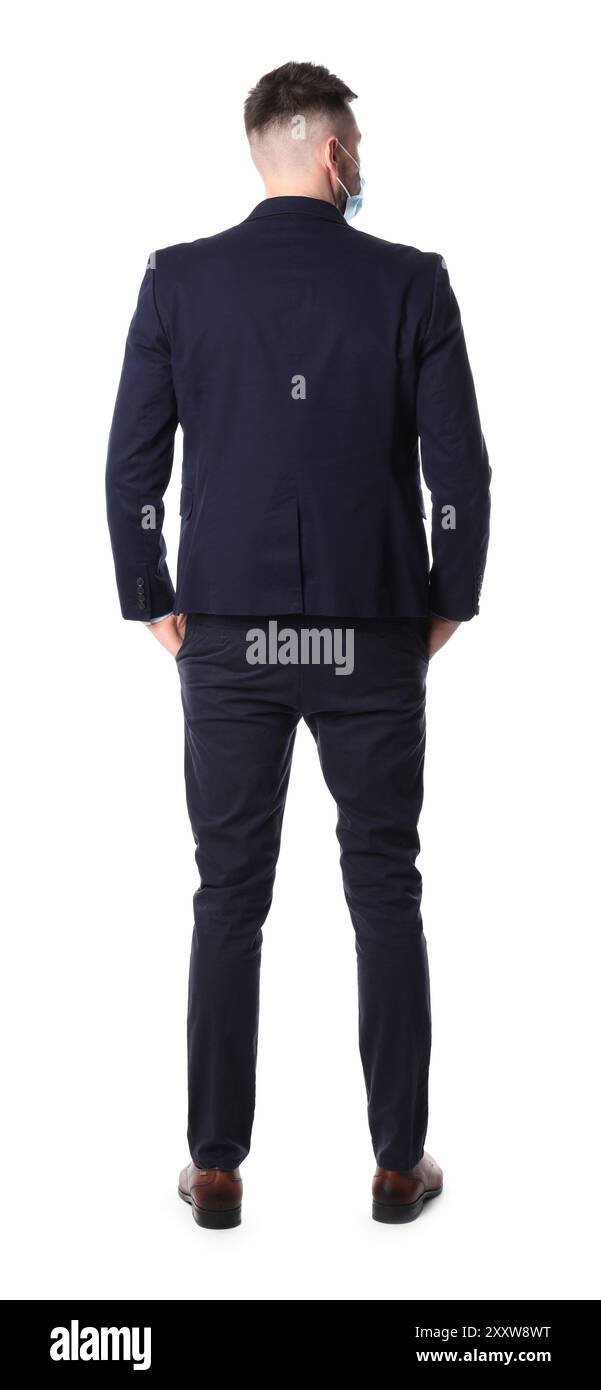 Man standing in queue on white background, back view Stock Photo - Alamy