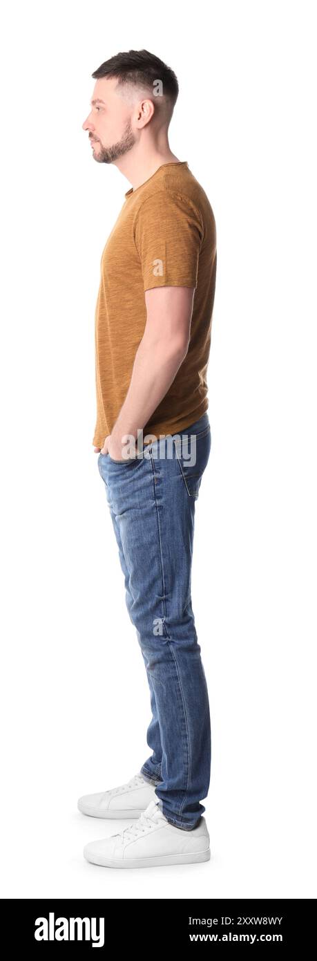 Man standing in queue on white background Stock Photo - Alamy