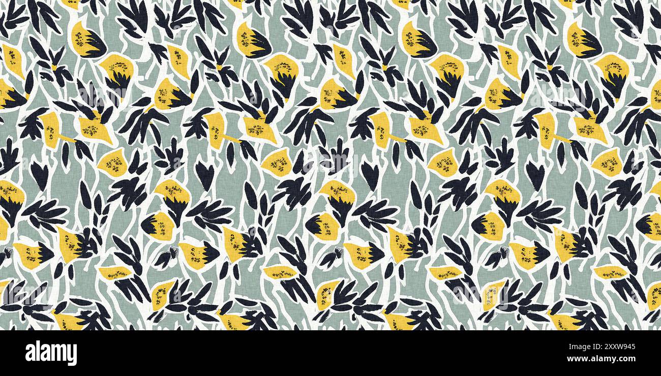 Modern printed fabric flower block print pattern with linen texture ...