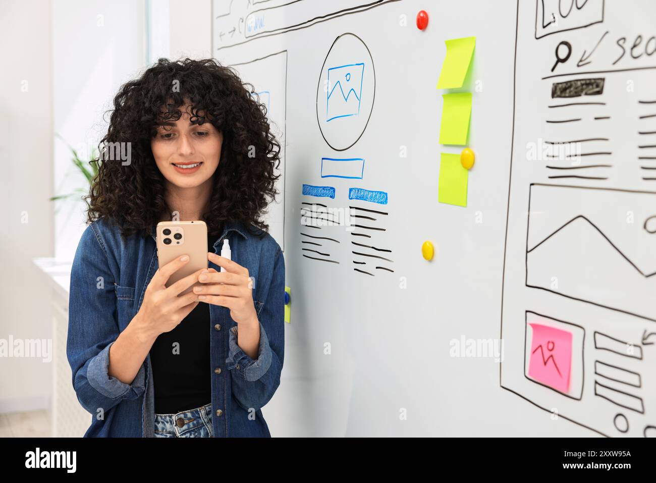 Developing UI design. Woman planning website wireframe on whiteboard ...