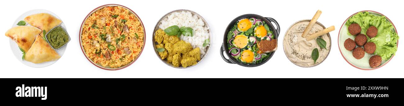 Hummus, samosas, falafel balls, pilaf, shakshuka and rice with curry on ...