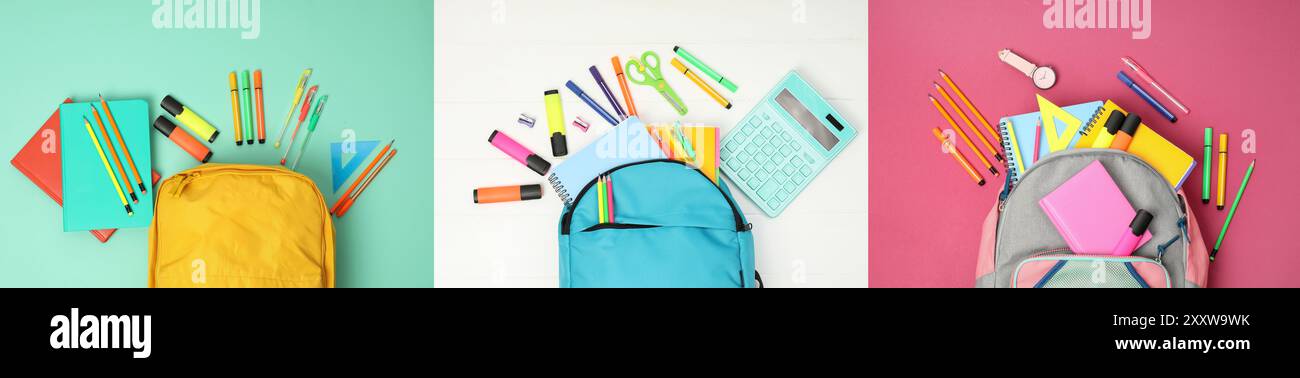 Backpacks and stationery on different colors backgrounds, collection ...