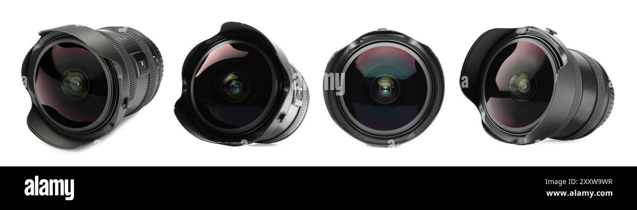 Camera lens on white background, collage. Photographer's equipment ...