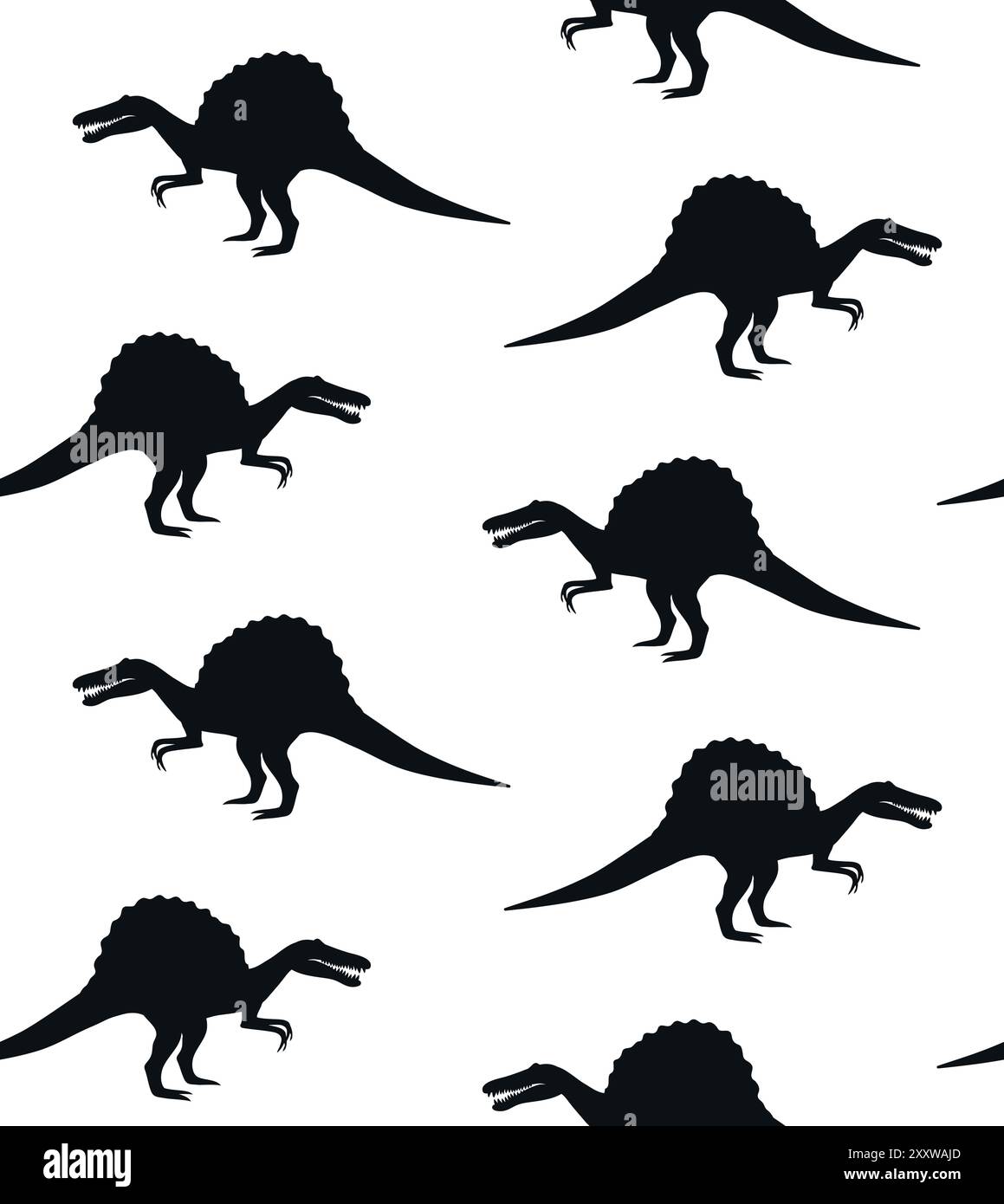 Vector seamless pattern of flat hand drawn spinosaurus dinosaur silhouette isolated on white ...