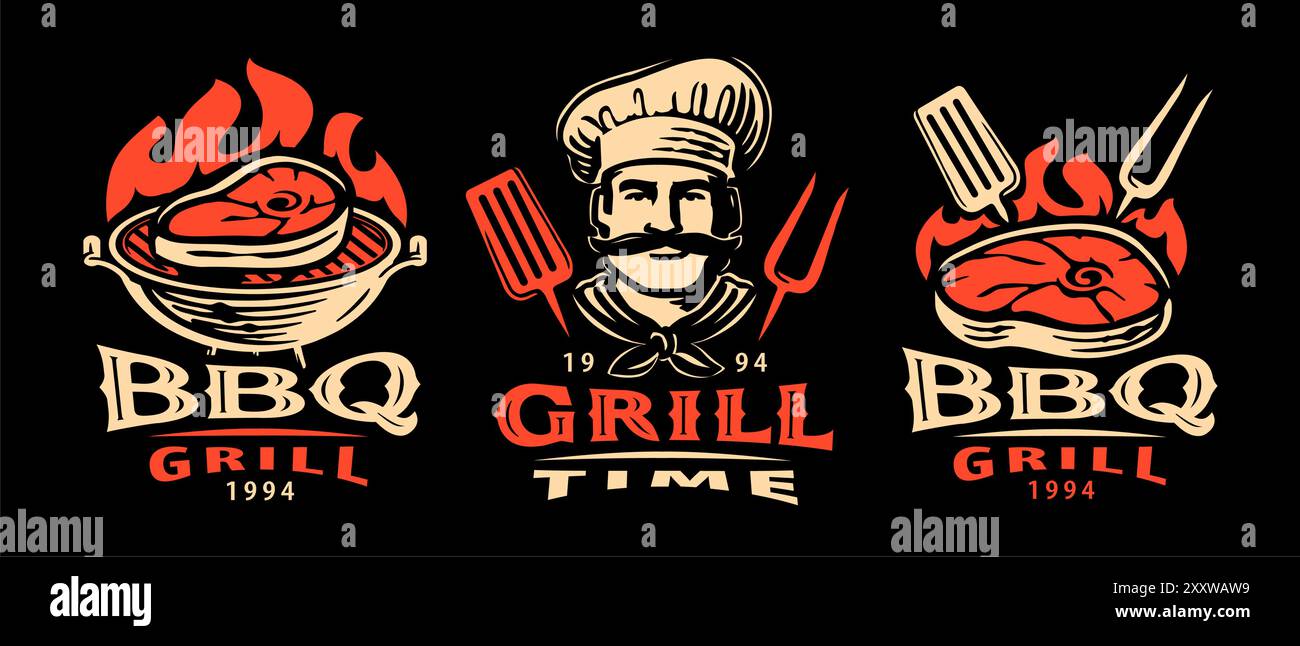 Barbecue grill set of emblems and badges. Bbq meat food logos for ...