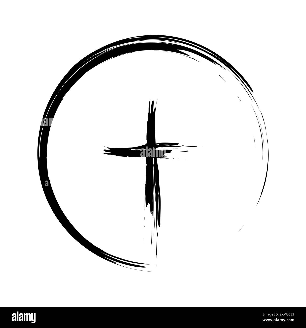 Abstract black cross. Brushstroke circle with cross. Minimalist vector ...