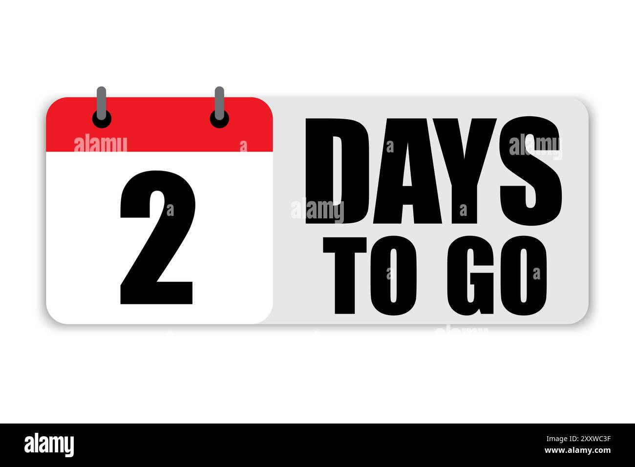 Countdown calendar icon. Bold 2 days to go text. Red and black color ...