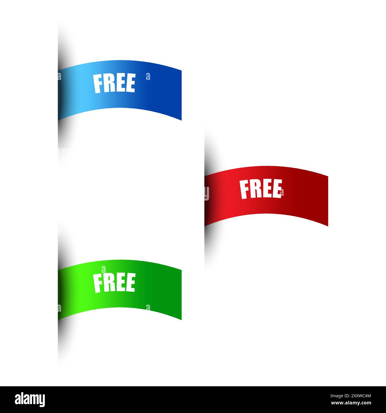 Free label set. Blue, red, green ribbons. Bold white text. Curved tag ...
