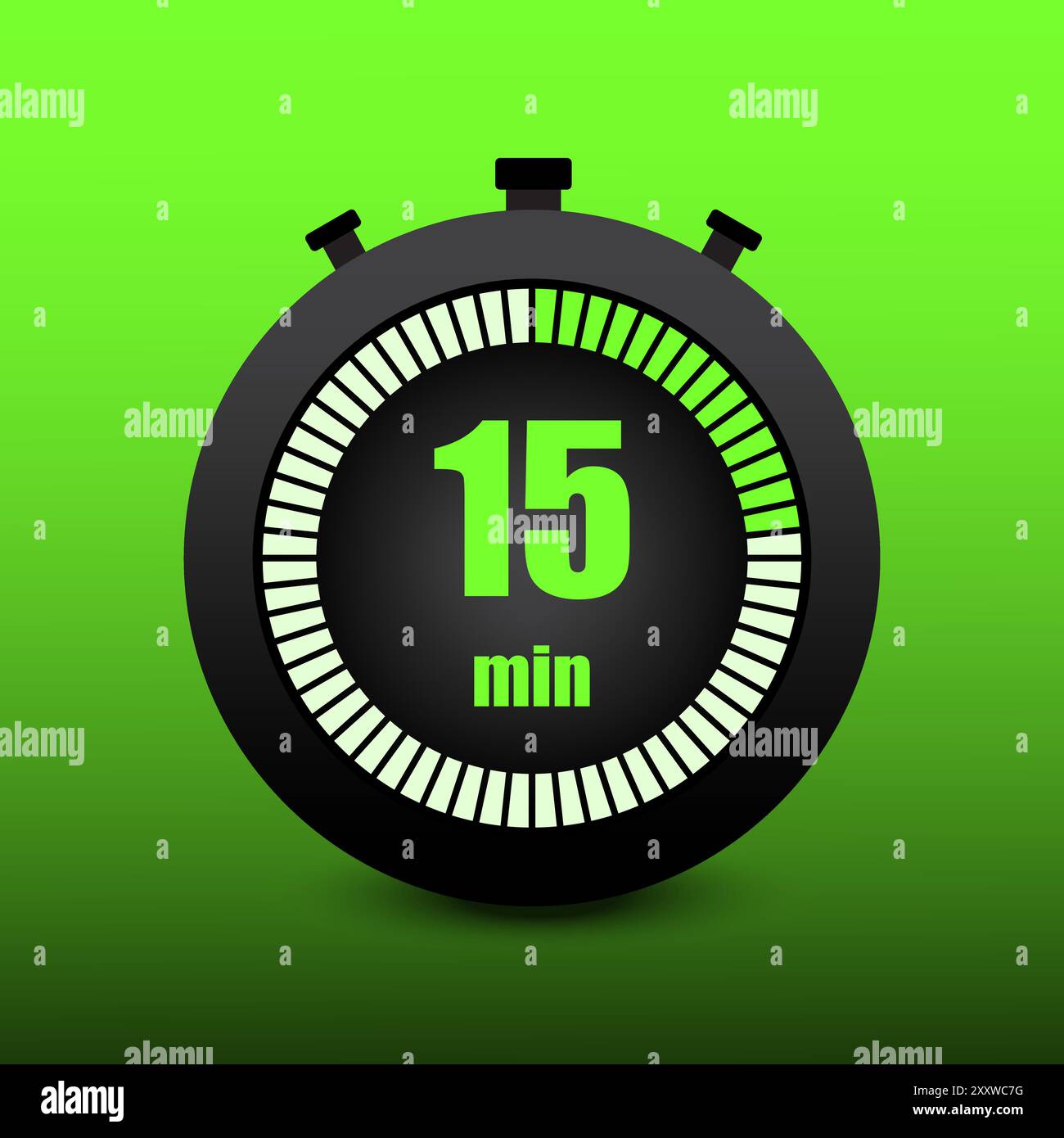 Green stopwatch icon. Fifteen minutes display. 15 minutes. Black ...