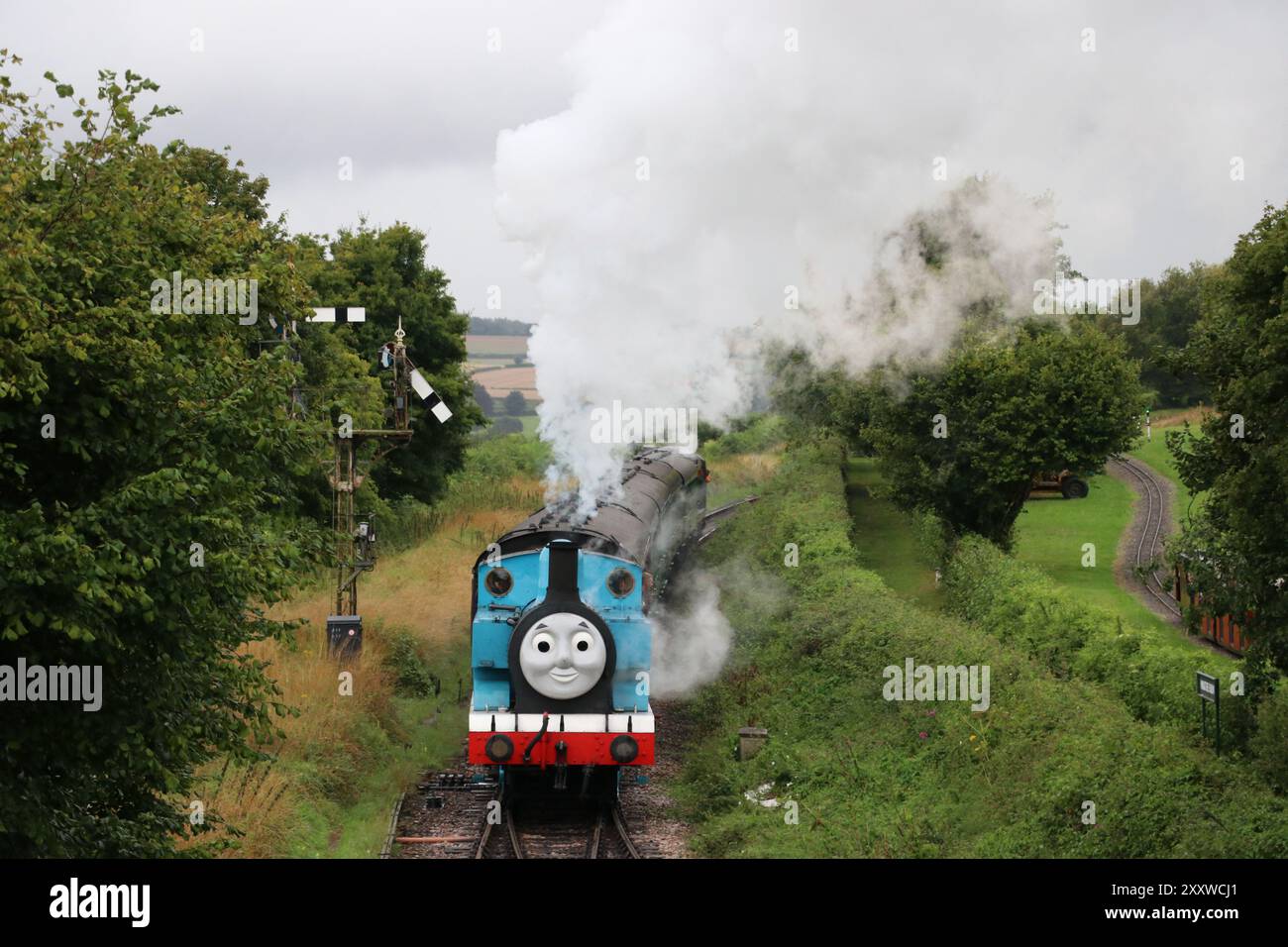THOMAS THE TANK ENGINE STEAM TRAIN TRAVELLING ALONG A RAILWAY TRACK ...