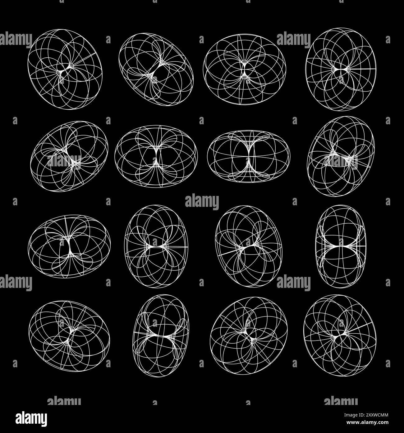 Wireframe shapes, lined torus. Perspective mesh, 3d grid. Low poly ...