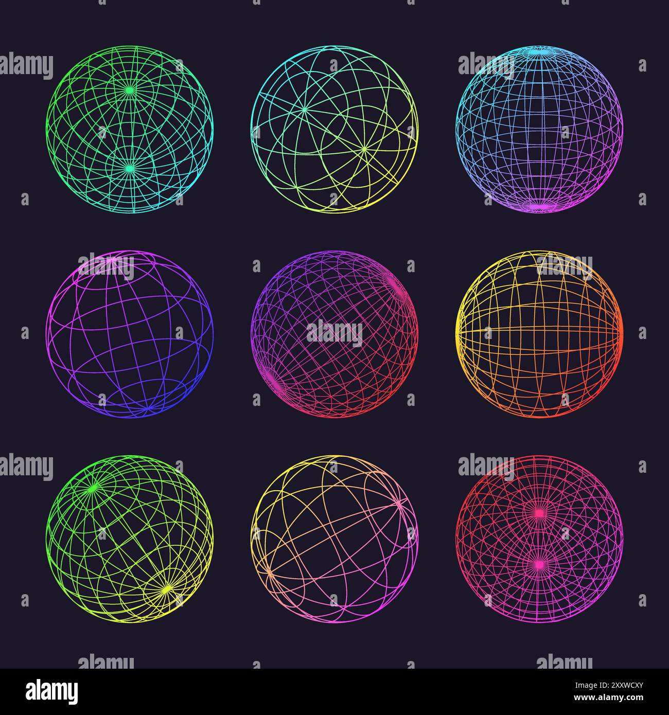 Neon wireframe shapes, lined sphere. Perspective mesh, 3d grid. Low ...