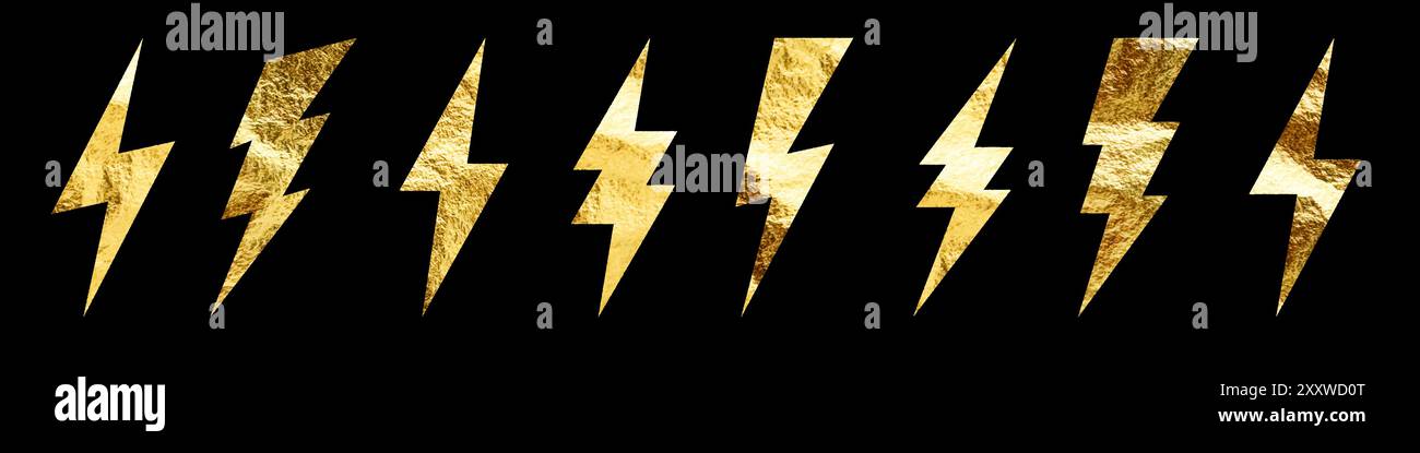 Golden lightning bolt icons collection. Gold foil texture. Flash symbol ...