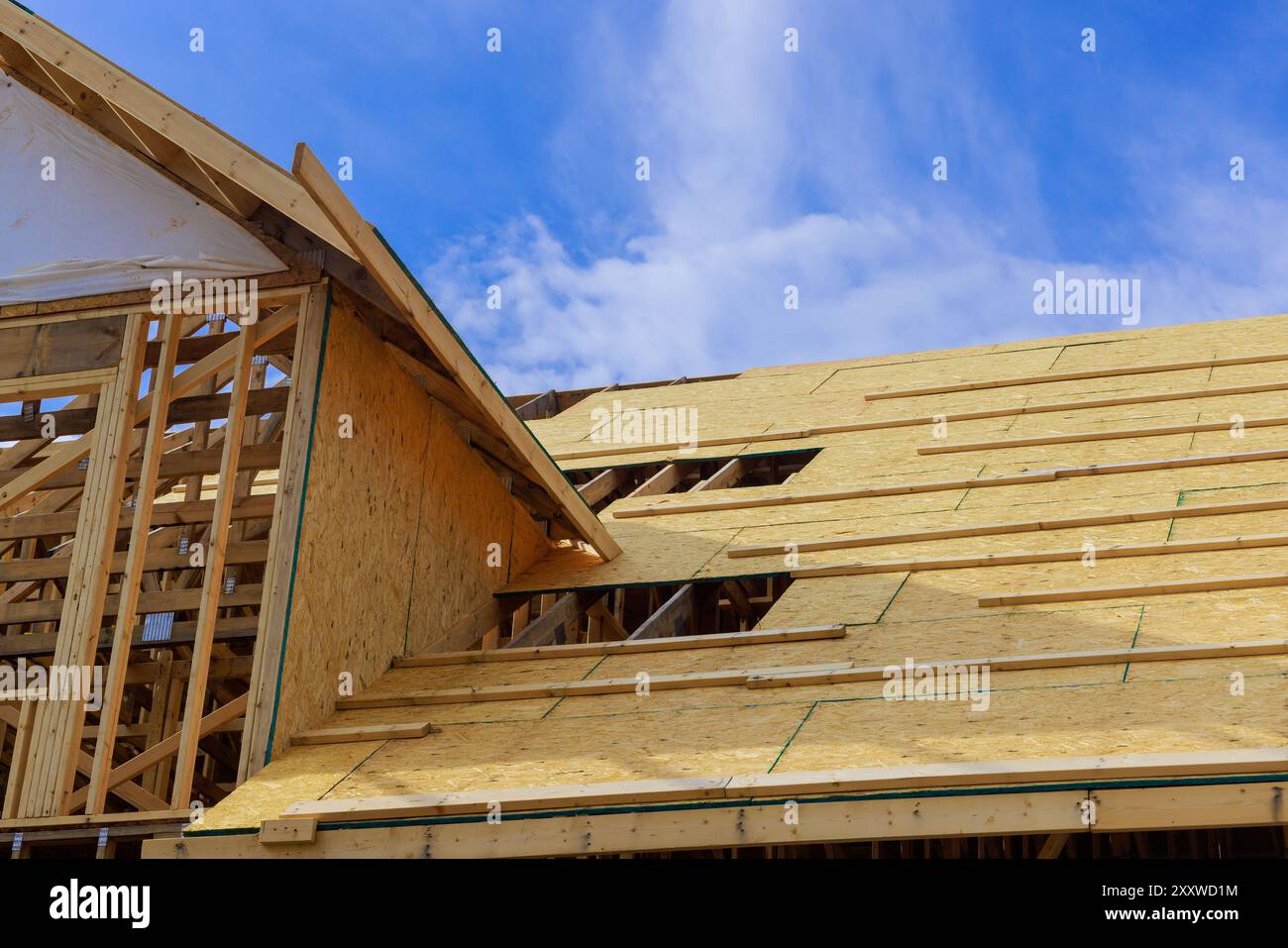 Plywood is installed on wooden roofing trusses at assembled roof of ...