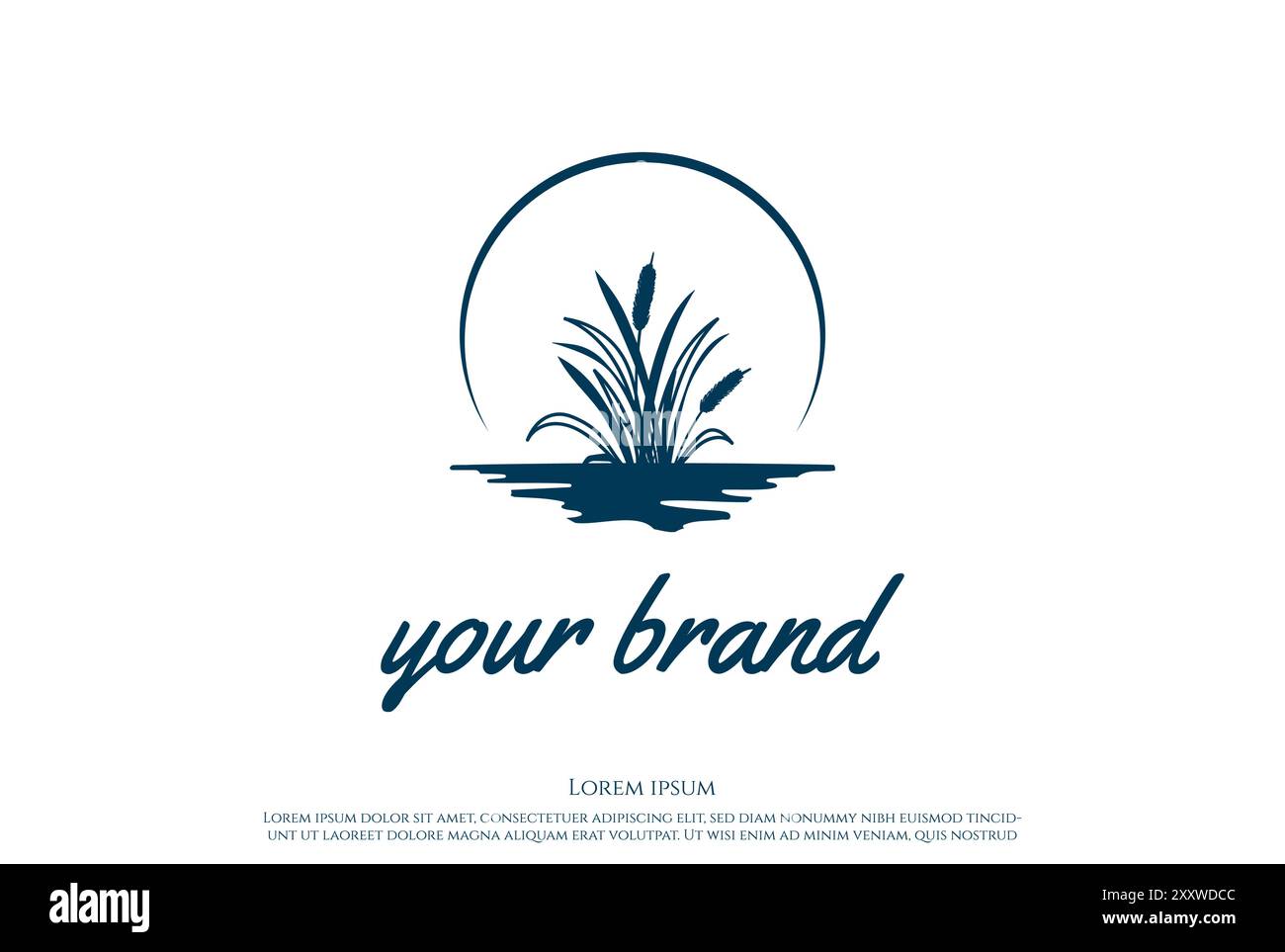 Simple Minimalist Sunset Sunrise or Moon with Grass Cattail Reed River ...