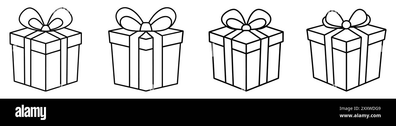 Gift box icon. Set of drawn gift boxes with bow. Linear gift box icon ...