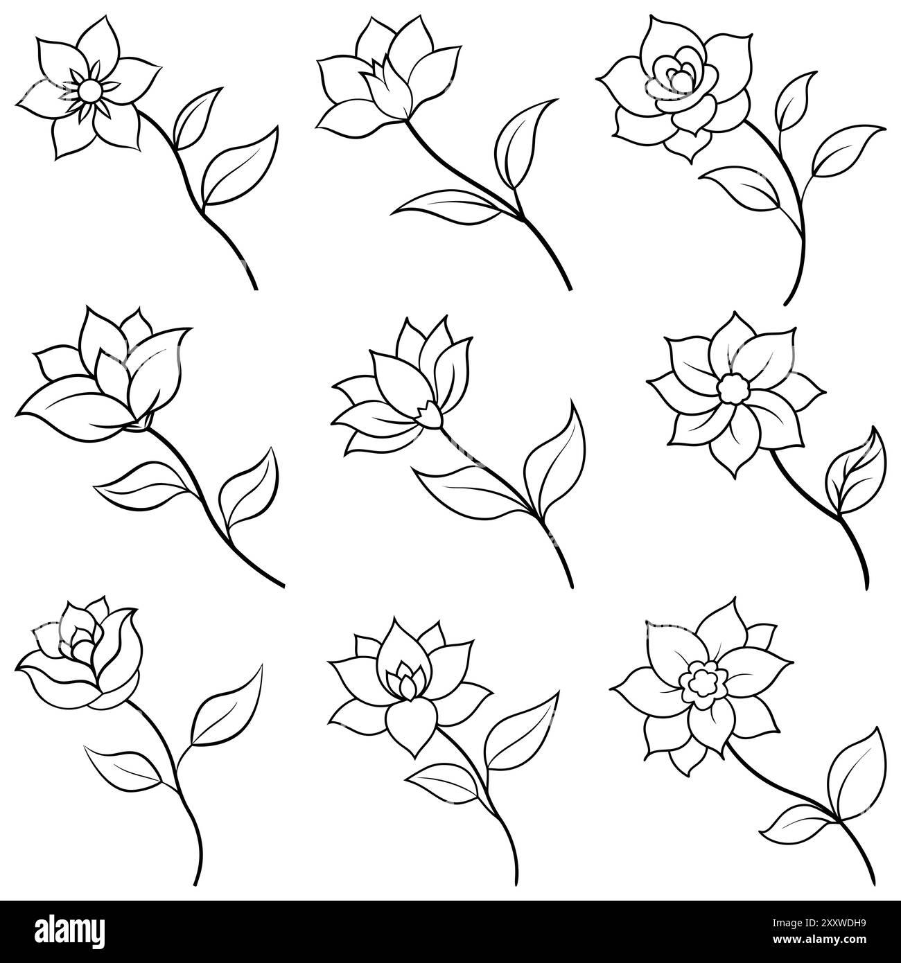 Flower icon. Set of drawn flowers with leaves. Linear flowers. Vector ...