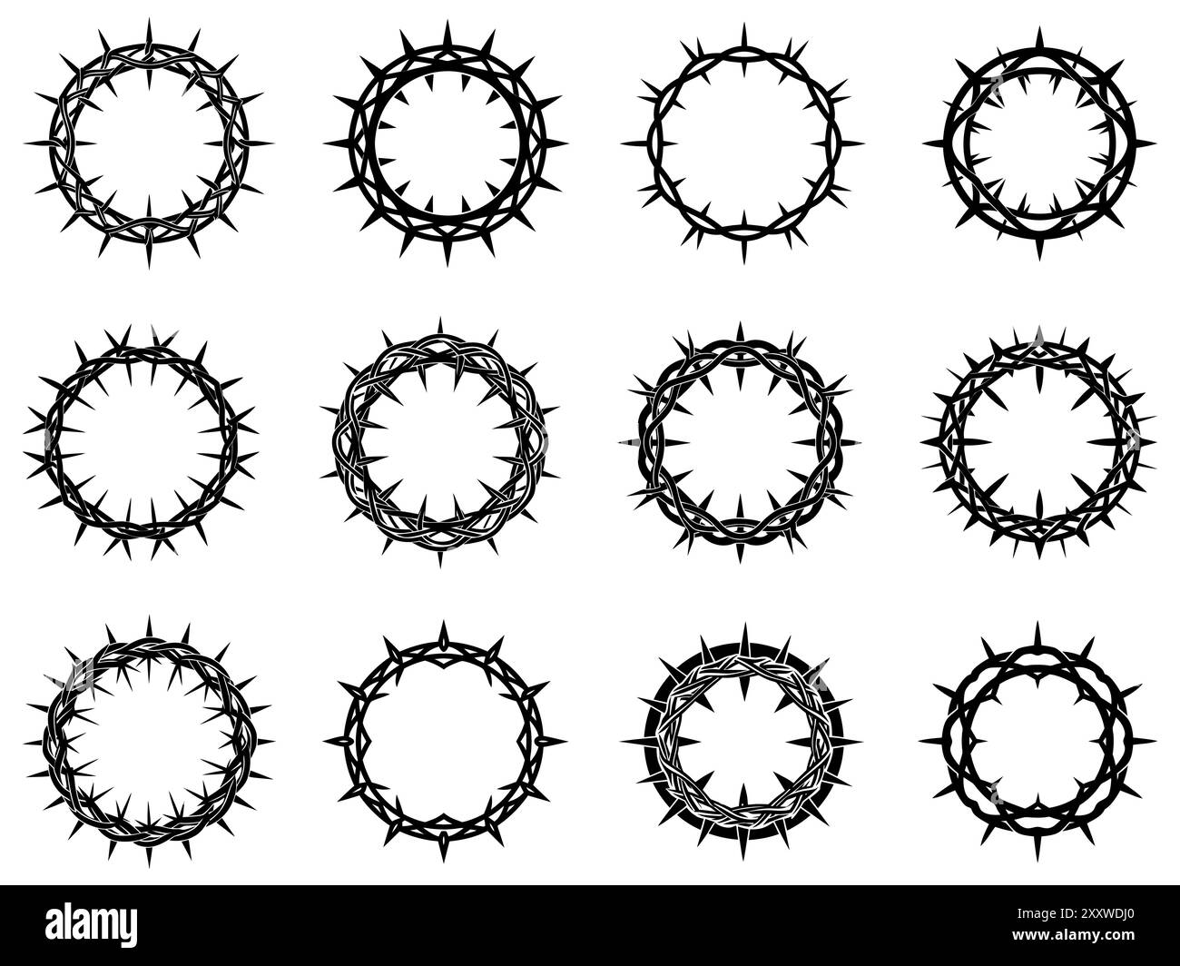 Crown of thorns icons set. Black silhouette of a crown made of thorns ...