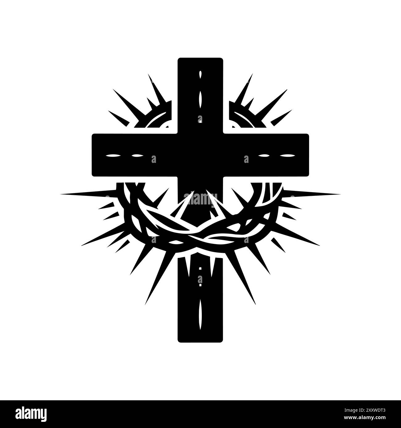 Christian cross with crown of thorns icon. Black silhouette of a Christian cross. Crucifixion of ...