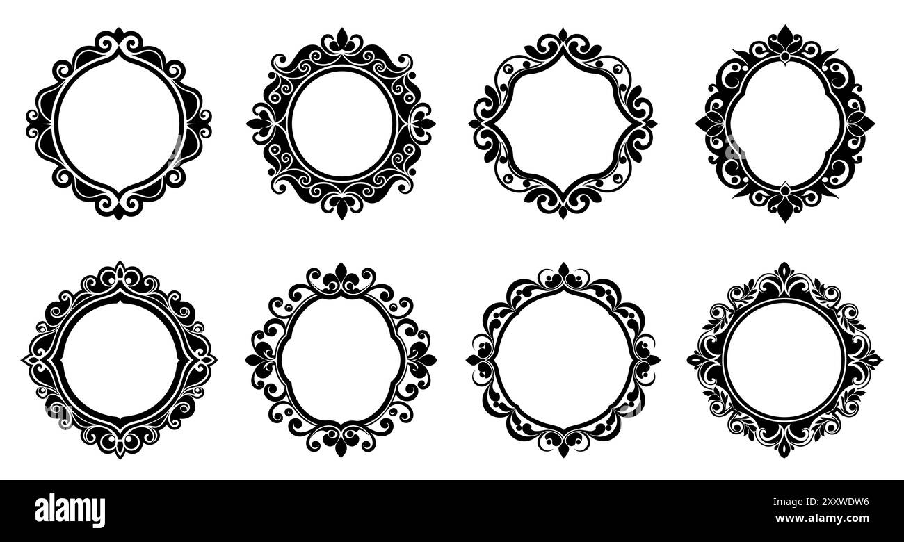 Set of abstract round frames. Various black ornate frame isolated on ...